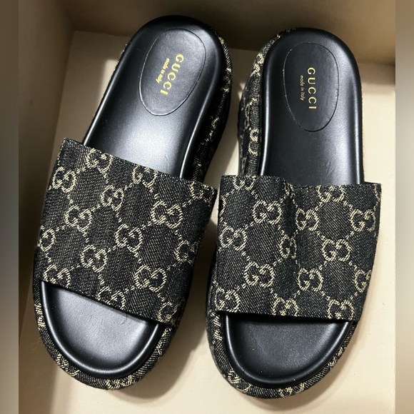 Gucci | Shoes | Gucci Black Denim Gg Monogram Angelina Platform Slide ...